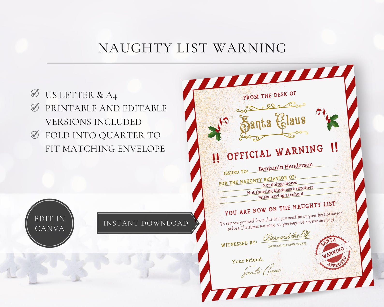 Naughty List Warning, Printable Santa Warning Letter, Editable Naughty ...