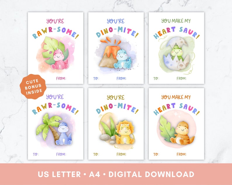 Dinosaur Valentine Printable Cards for Kids, Classroom Valentines ...