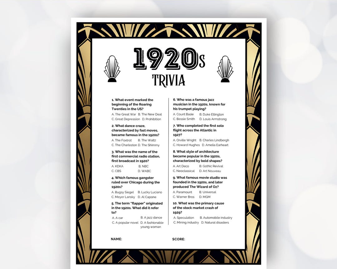 1920s Trivia Game, the Great Gatsby Party, Gatsby Roaring Twenties ...