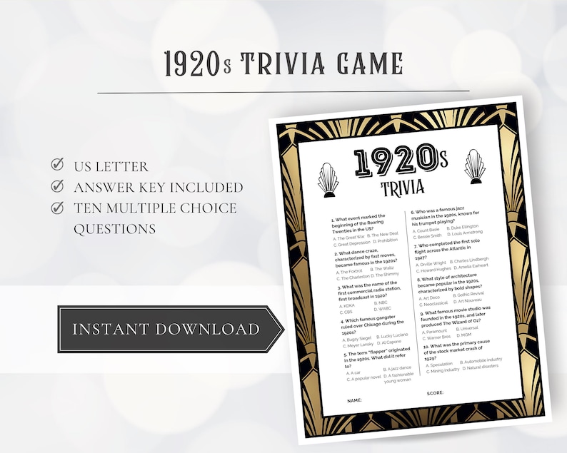 1920s Trivia Game, the Great Gatsby Party, Gatsby Roaring Twenties ...