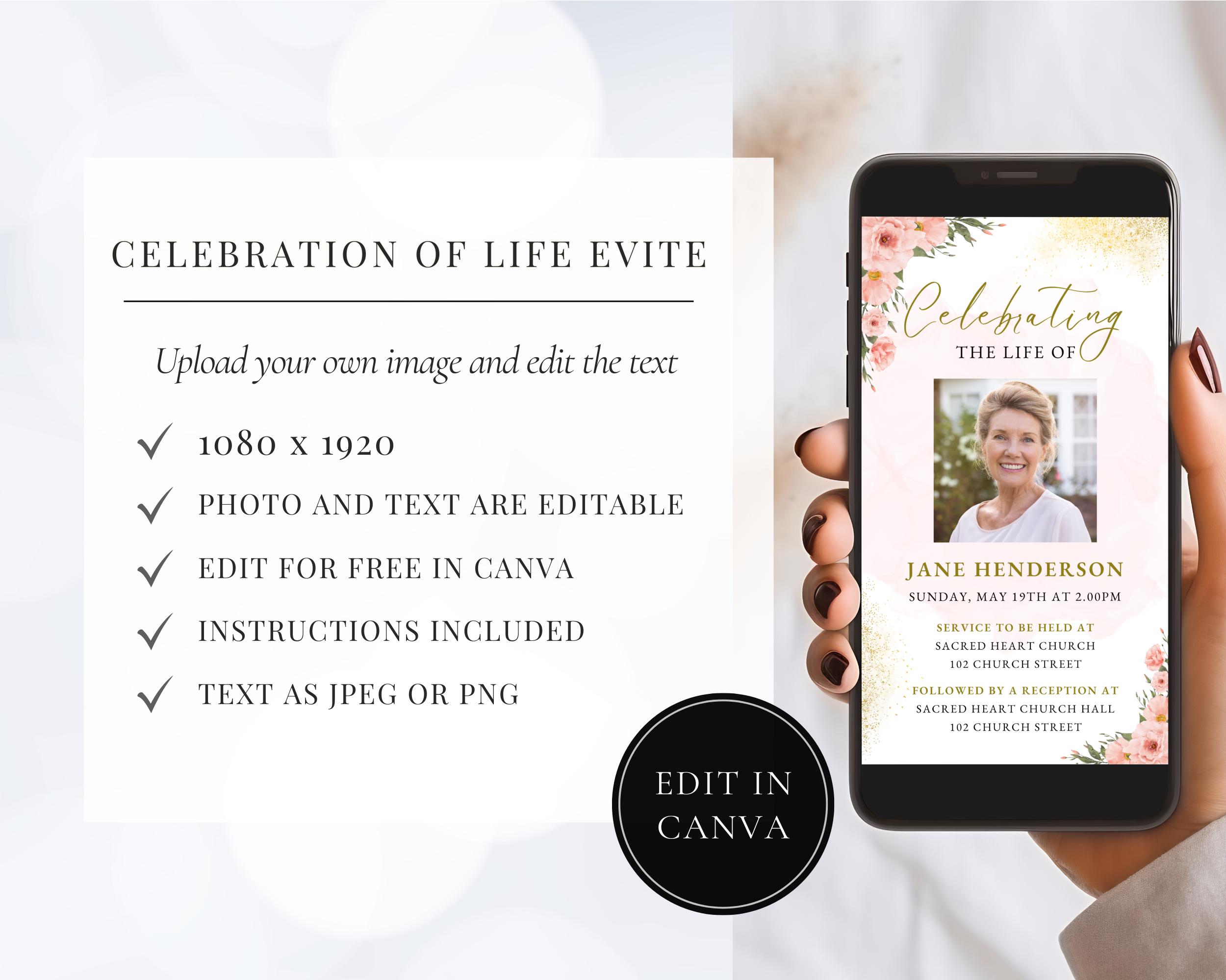 Electronic Funeral Invitation, Digital Memorial Announcement, Editable ...