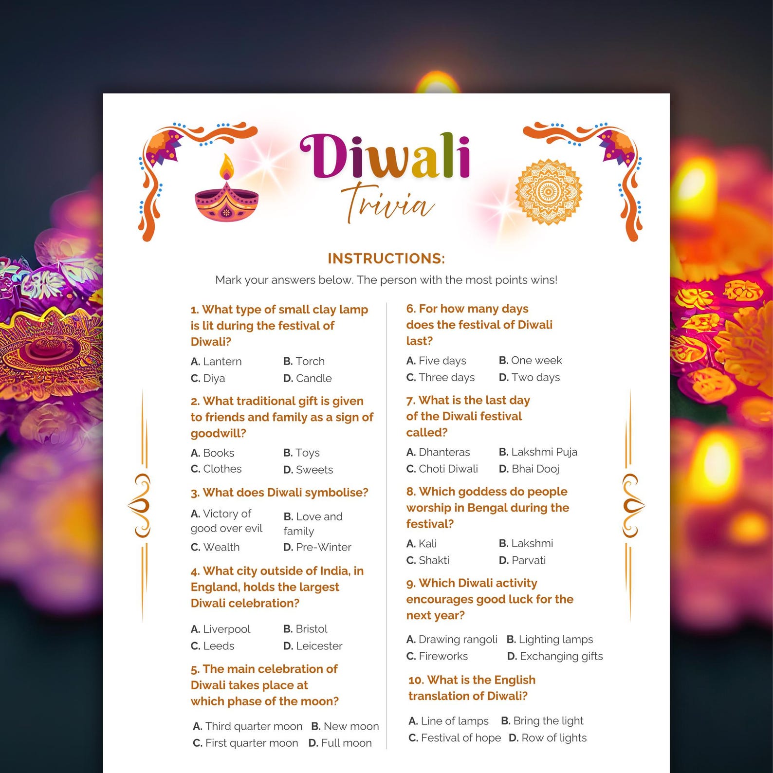 Printable Diwali Trivia Game, Diwali Quiz for Kids, Teens, and Adults ...