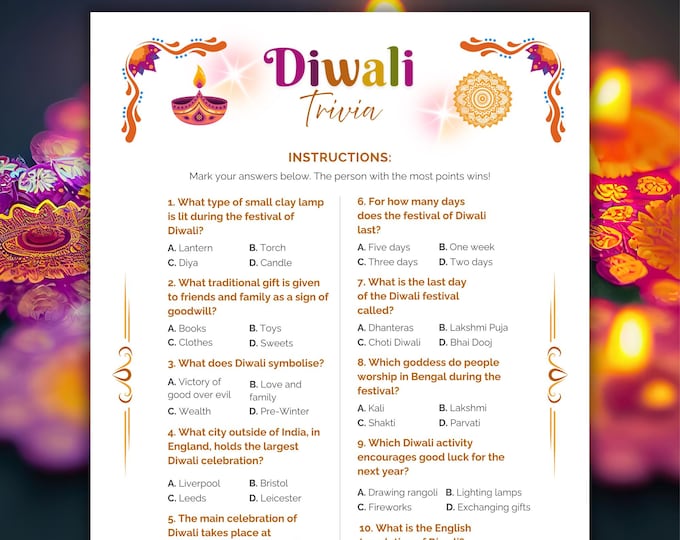 Diwali Trivia Game, Printable Quiz With Answers for a Diwali Party ...