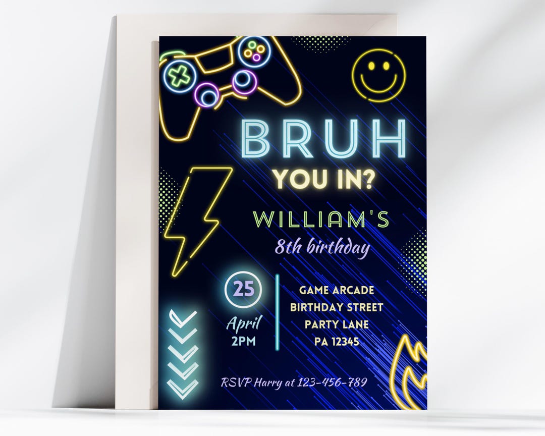 Bruh Birthday Invitation for Boy, Editable Party Invite, Printable Neon ...