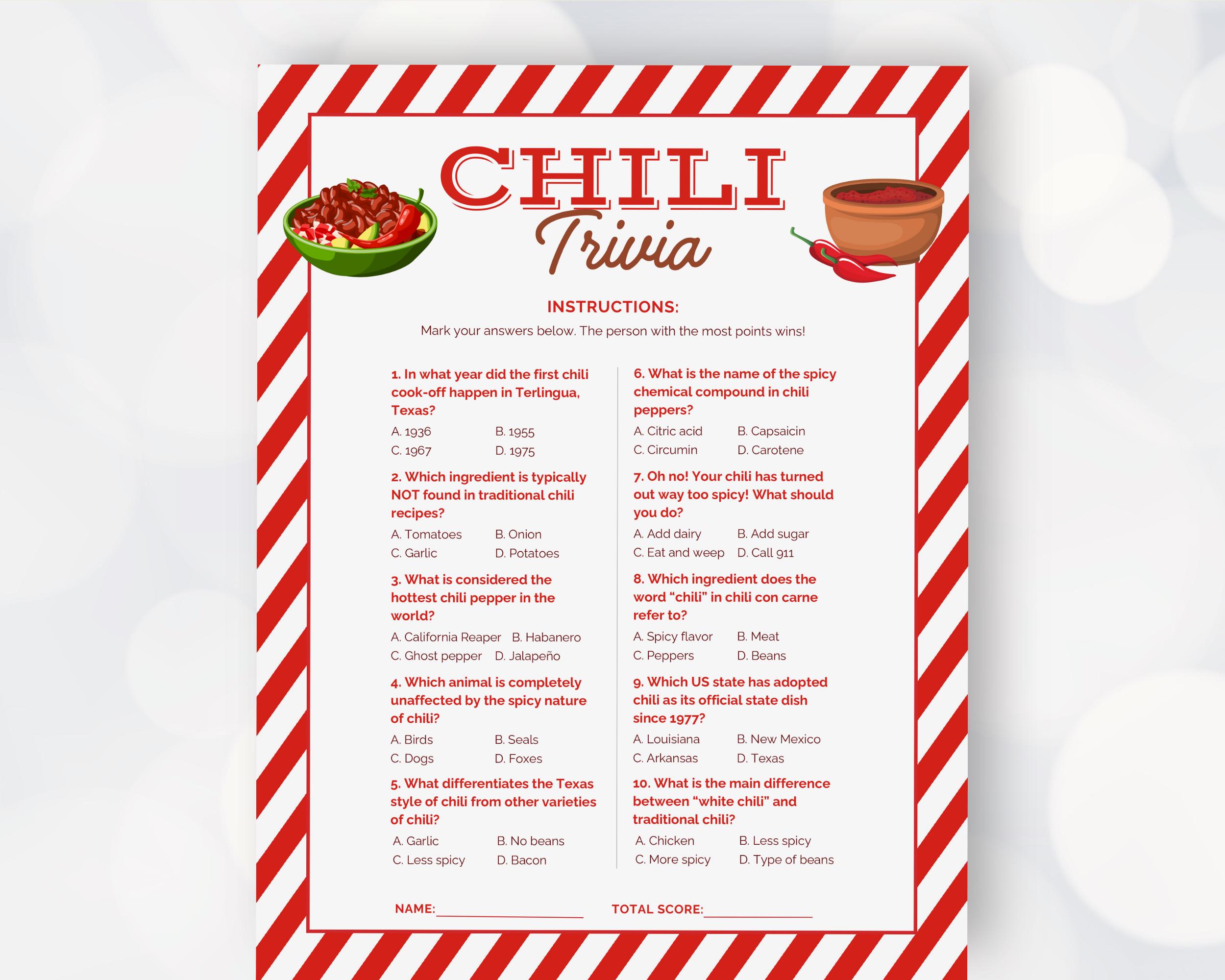 Chili Cook off Printable Trivia Game, Chili Trivia, Chili Cook off Game ...