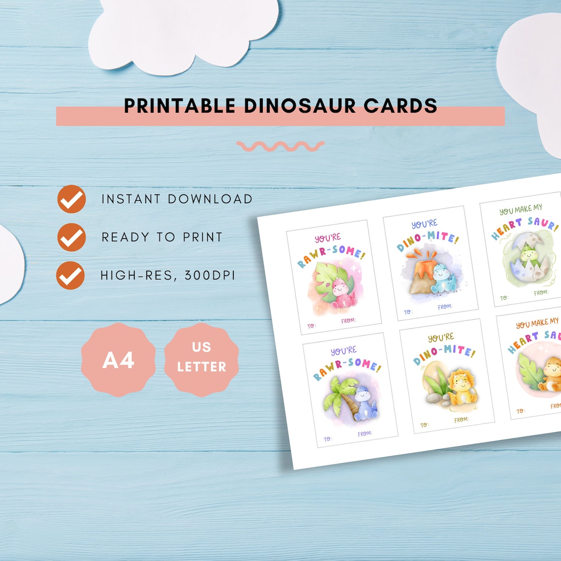 Dinosaur Valentine Printable Cards for Kids, Classroom Valentines ...