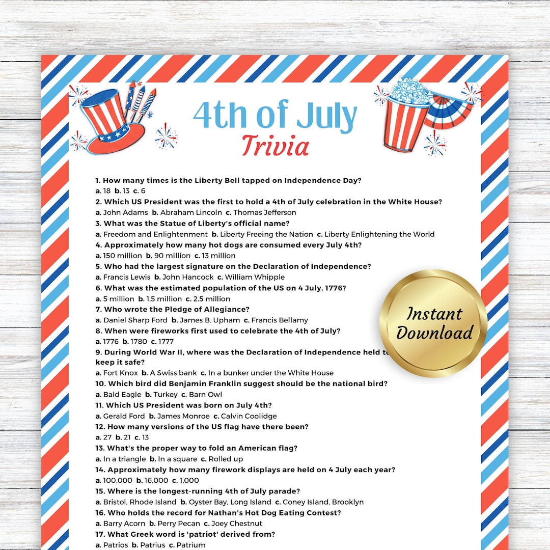 4th of July Trivia, Fourth of July Game, Printable Quiz, July 4th Game ...