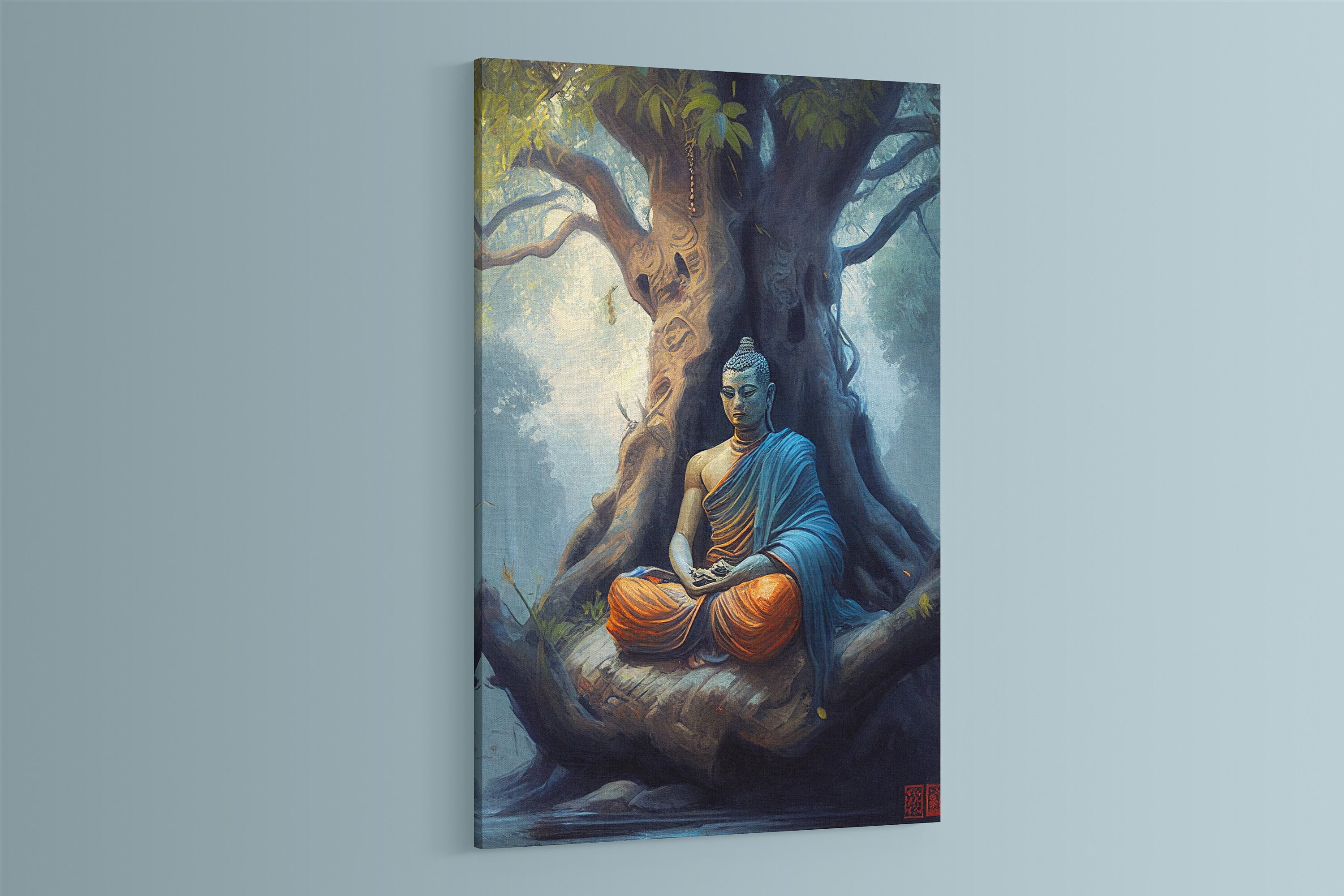 Meditation Art AI Painting Gautam Buddha Meditating Under a Tree Canvas ...