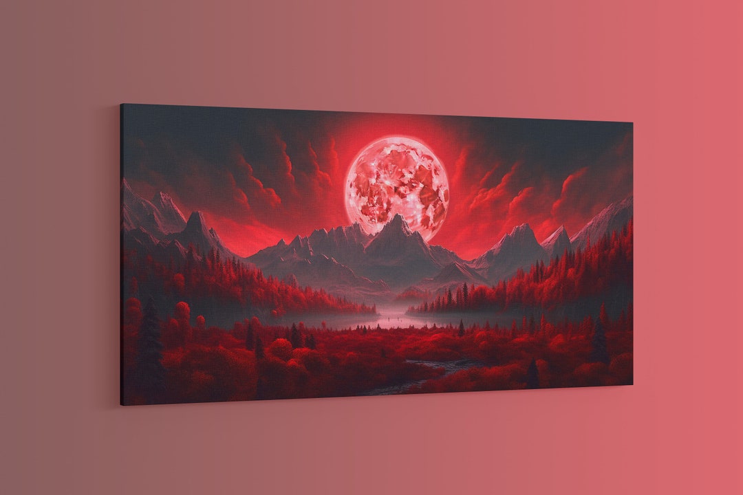 Panoramic Wall Art Red Moon Forest Mountain Painting Landscape Canvas ...