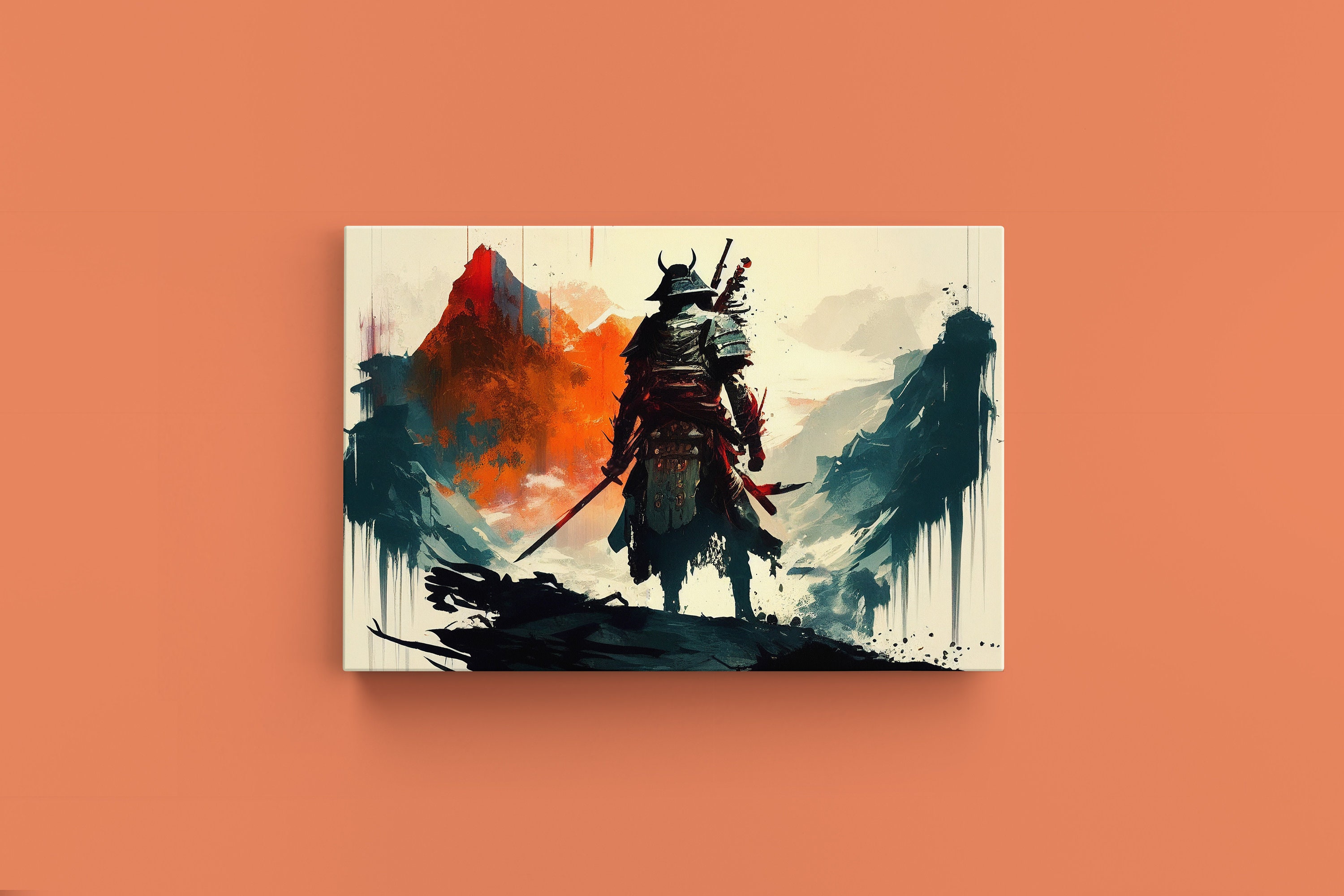Samurai Wall Art, Abstract Mountain Painting, Samurai Walking Through ...
