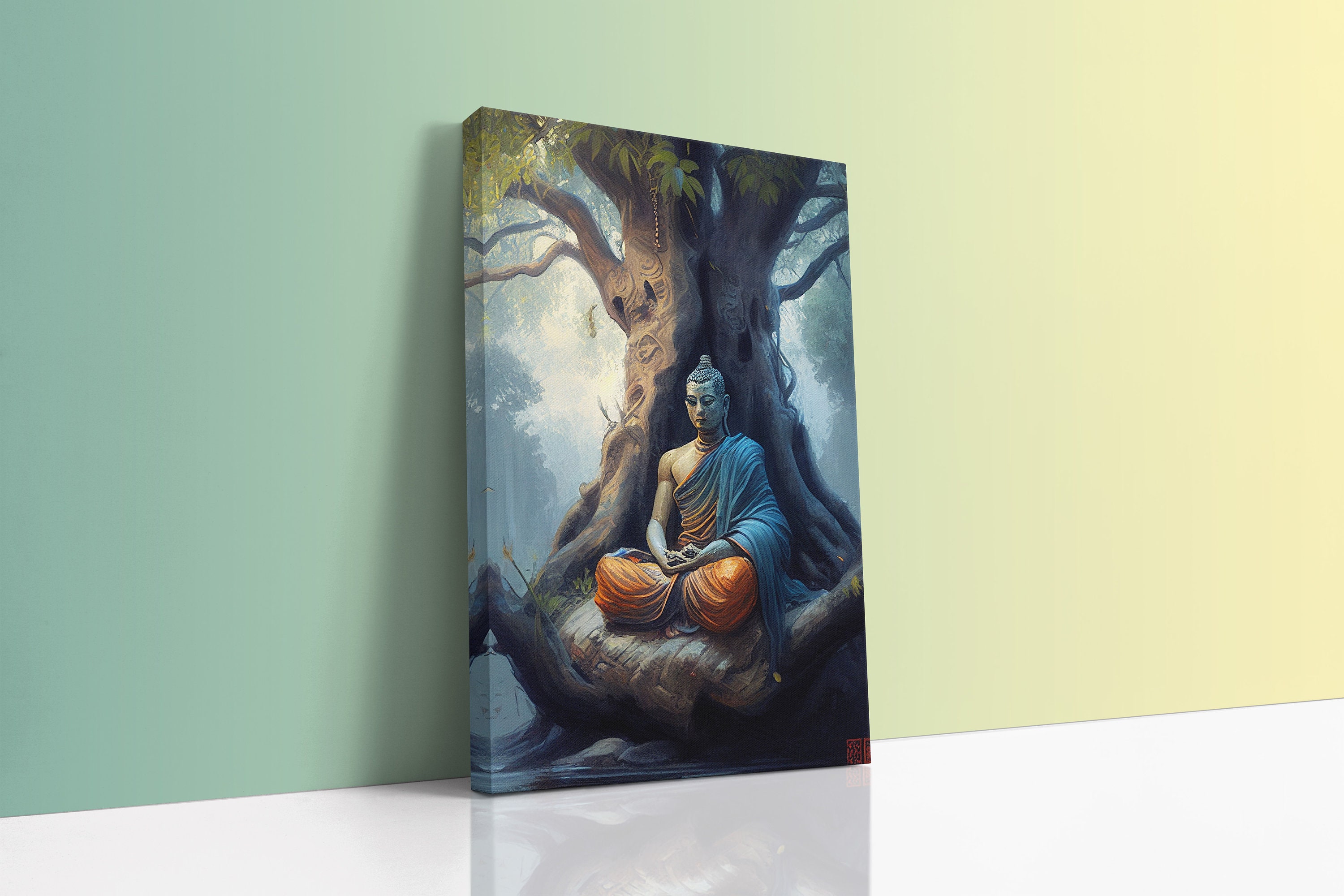 Meditation Art AI Painting Gautam Buddha Meditating Under a Tree Canvas ...