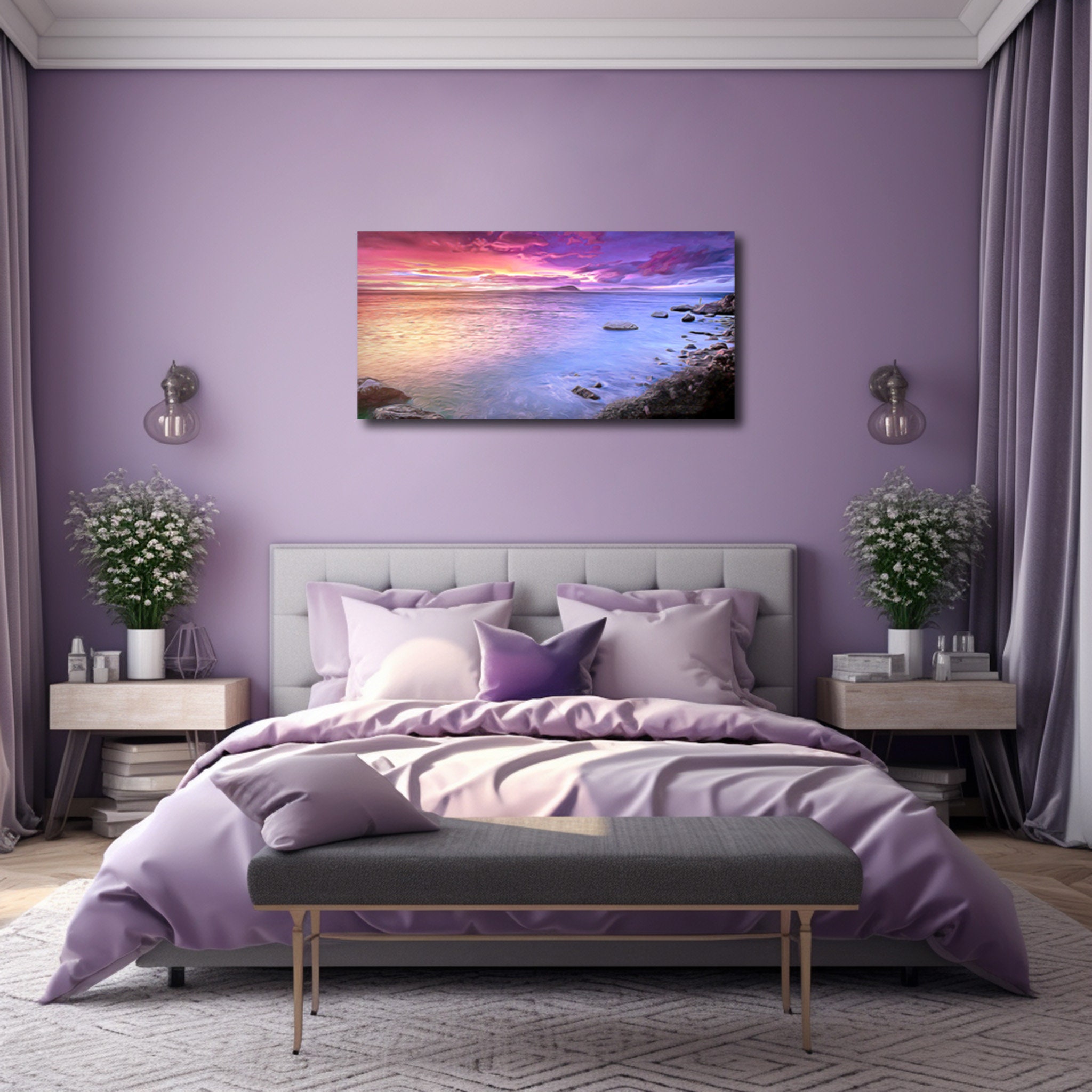 Ocean Wall Art Purple Seascape Painting Large Oil Painting Seascape ...
