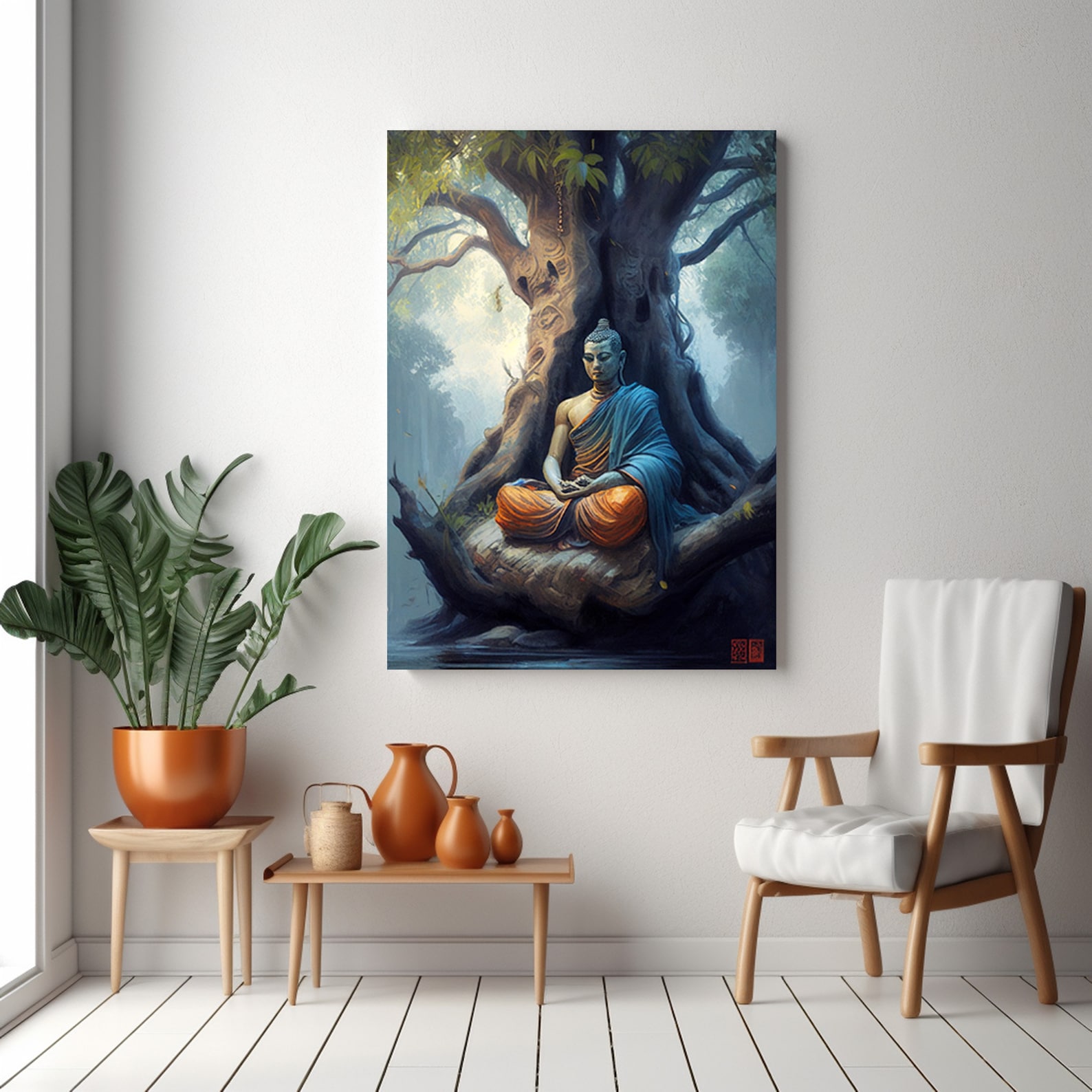 Meditation Art AI Painting Gautam Buddha Meditating Under a Tree Canvas ...