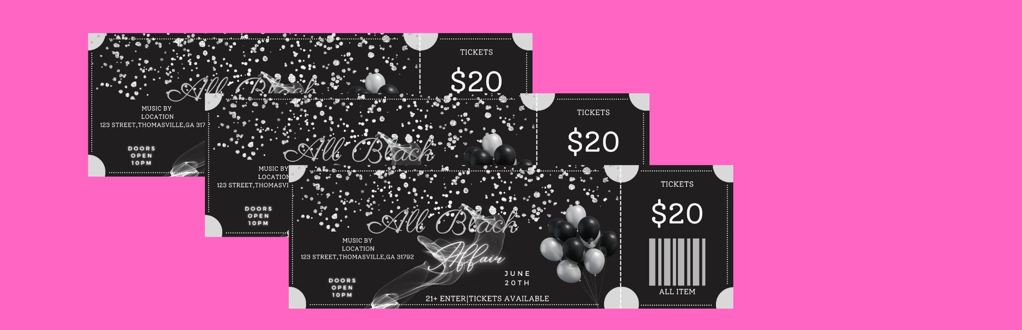 Editable Adult Party Ticket Template, Printable All Black Party ...