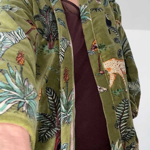 Green Jungle Print Velvet Kimono Robes, Morning Tea Velvet Coat ...