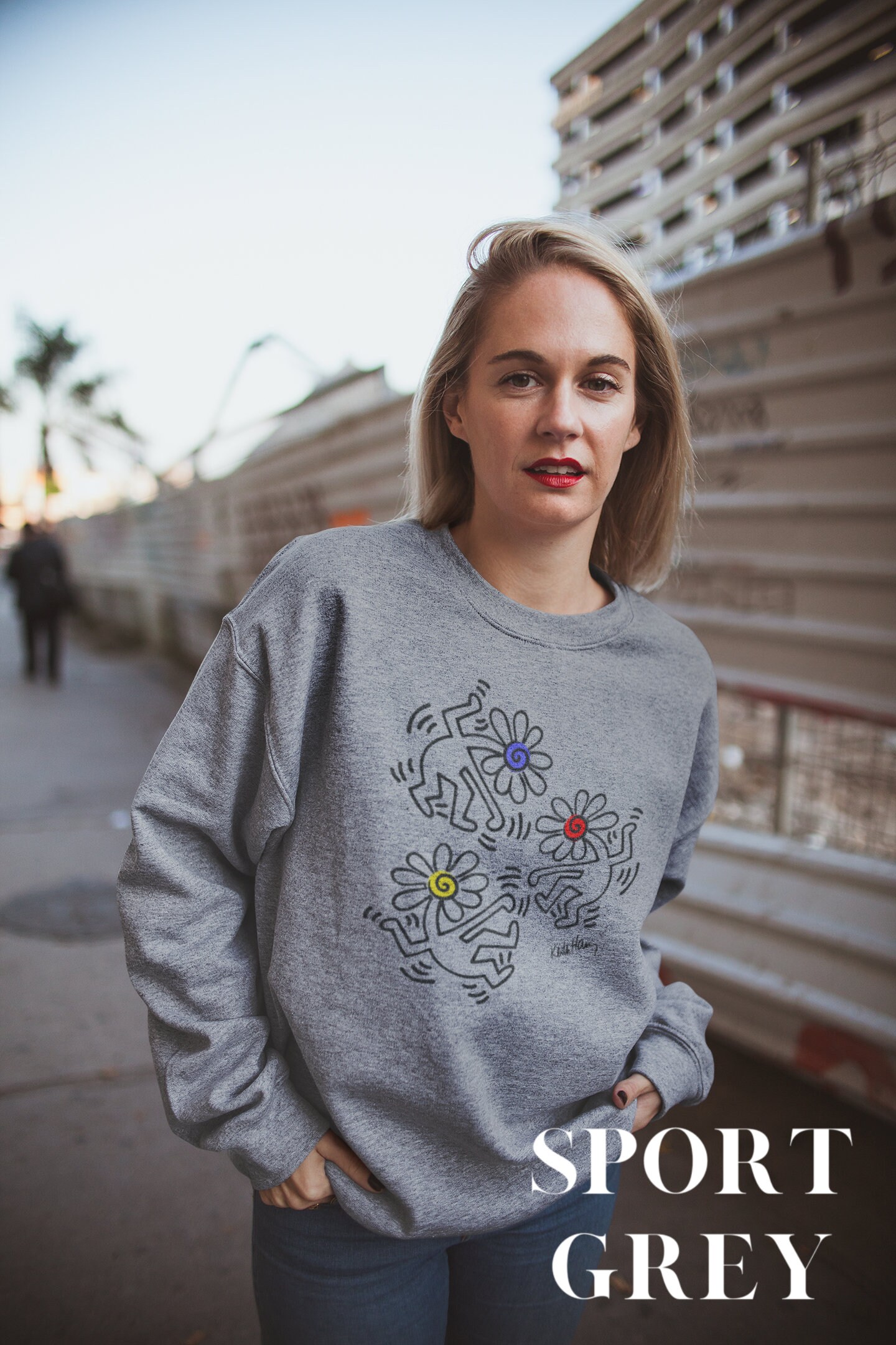 Retro Iconic 1990s Sweatshirt Keith Haring Dancing Flower Pastel ...