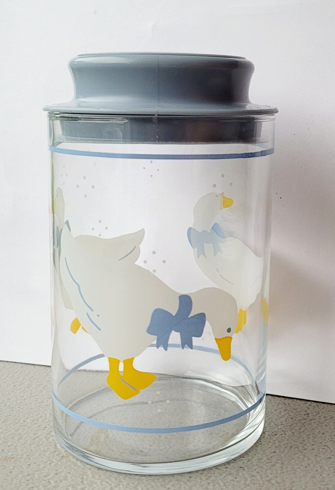 1980's Country Kitchen Round Glass Storage Container White Geese Blue ...