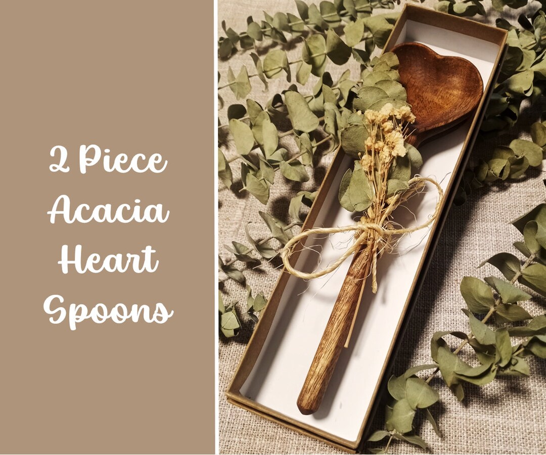 2 Heart Shaped Acacia Spoons Decorated With Eucalyptus and Baby's ...