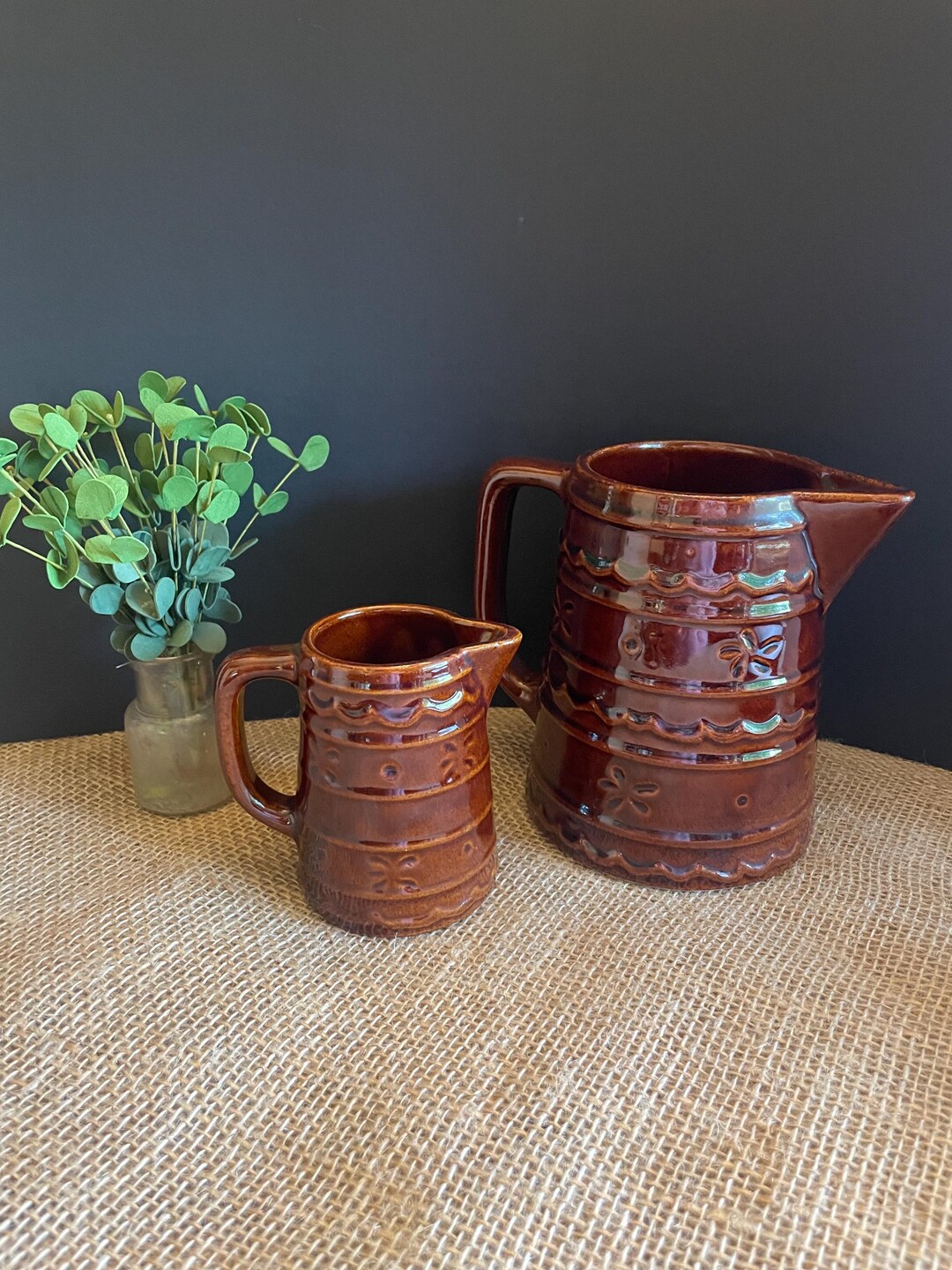 Set of 2 Marcrest Stoneware Creamer and Pitcher Colorado Brown Daisy ...