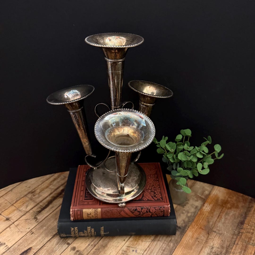 Antique Vintage Victorian Epergne Silverplate Vase With 4 Trumpets 12 ...