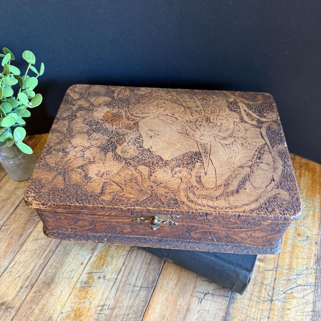 1909 Antique Pyrography Wooden Box Exquisite Art Nouveau Design ...