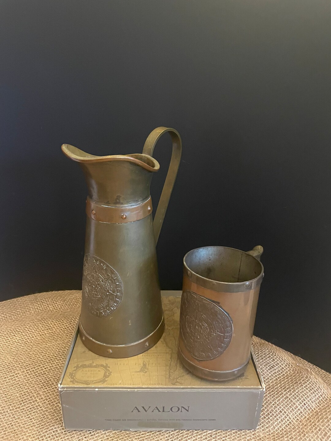 Mexican Brass Pitcher and Mug, Mayan Calendar Design - Etsy