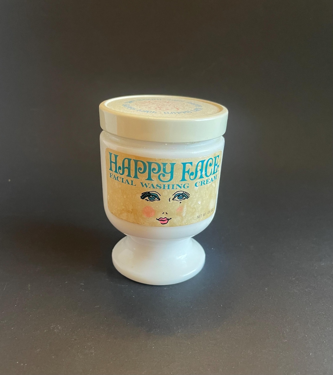 Vintage Rare Happy Face Cream Milk Glass Jar Cold Cream Large Size With ...