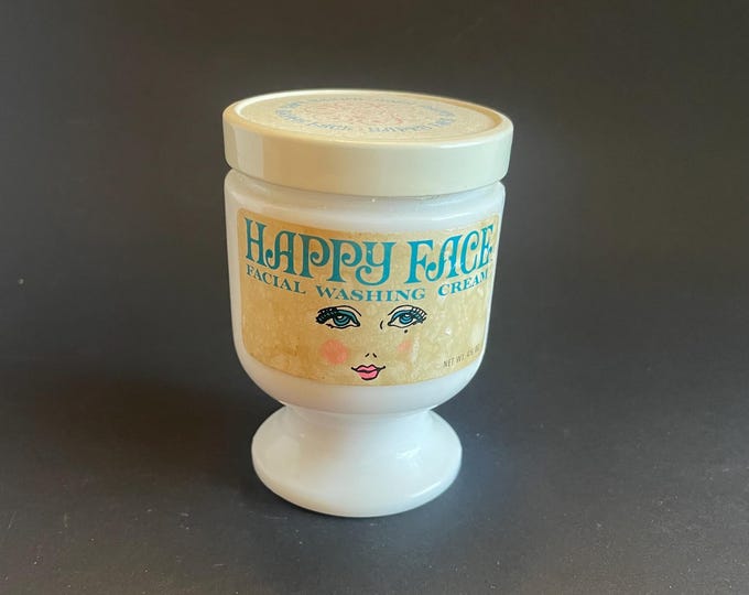 Vintage Rare Happy Face Cream Milk Glass Jar Cold Cream Large Size With ...