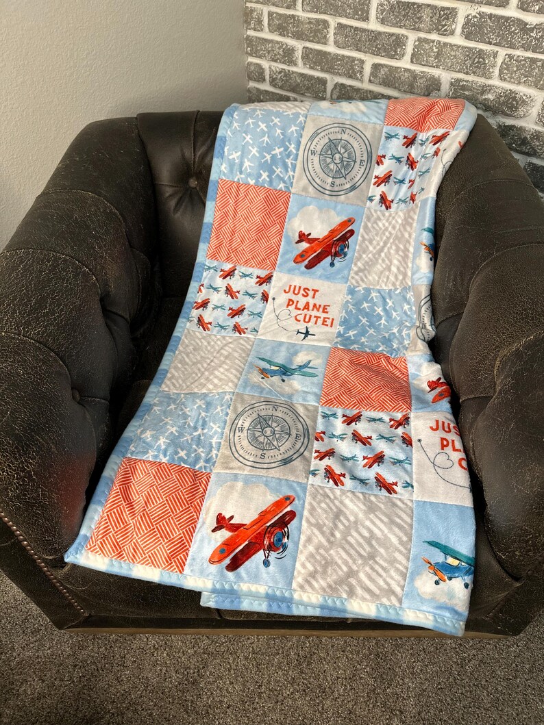 Airplane “just Plane Cute” Quilt – Minky Patchwork Top, Fleece Back ...