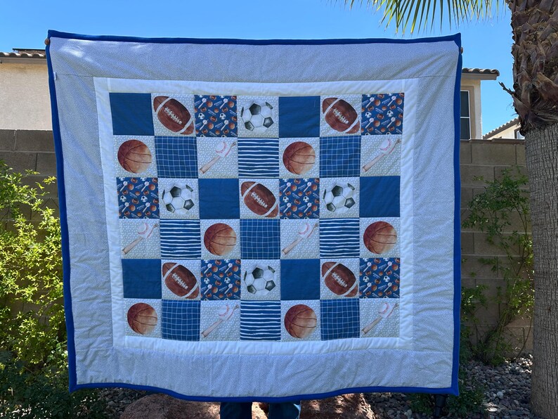 Sports Patchwork Quilt: Blue & Gray Baby Blanket (52x58) - Etsy