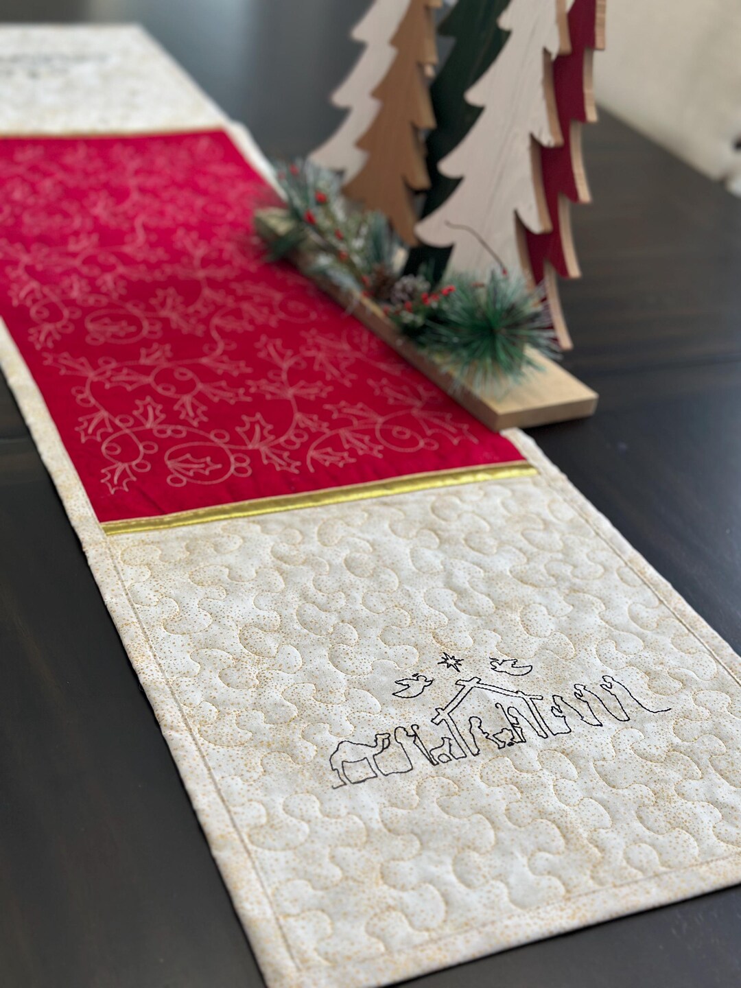 Embroidered Nativity Christmas Table Runner – Cream, Gold and Red With ...