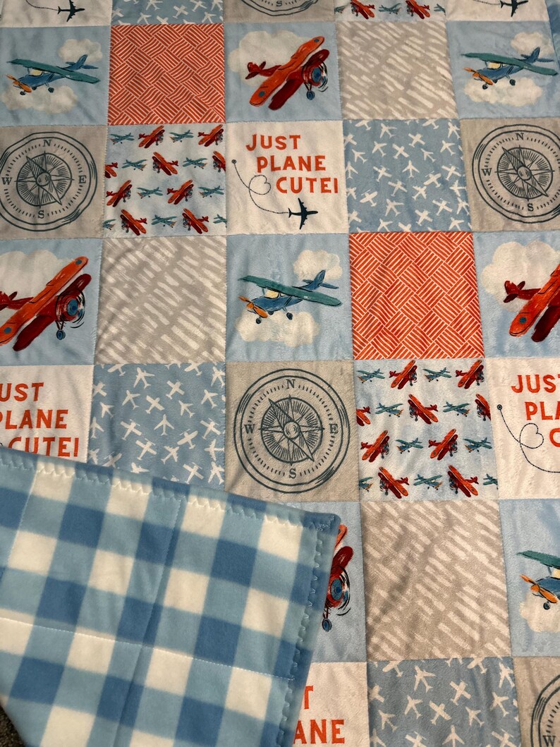 Airplane “just Plane Cute” Quilt – Minky Patchwork Top, Fleece Back ...