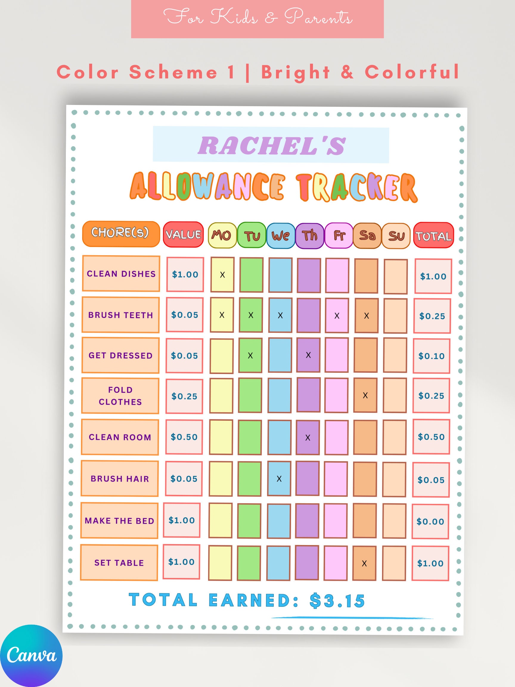Editable Canva Allowance Tracker for Kids, Printable Allowance Tracker ...