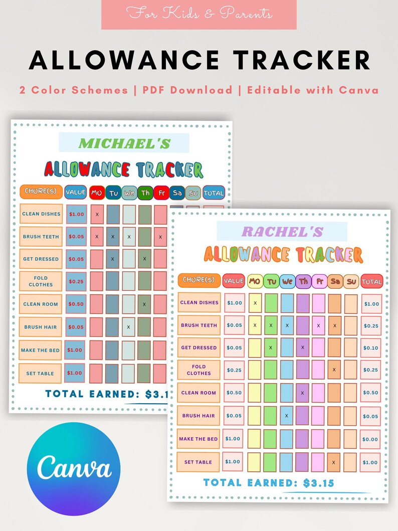Editable Canva Allowance Tracker for Kids, Printable Allowance Tracker ...