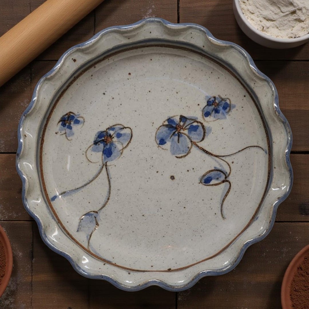Vintage Hand Thrown Pottery Pie Plate: Cerulean Blooms Stoneware Decor ...