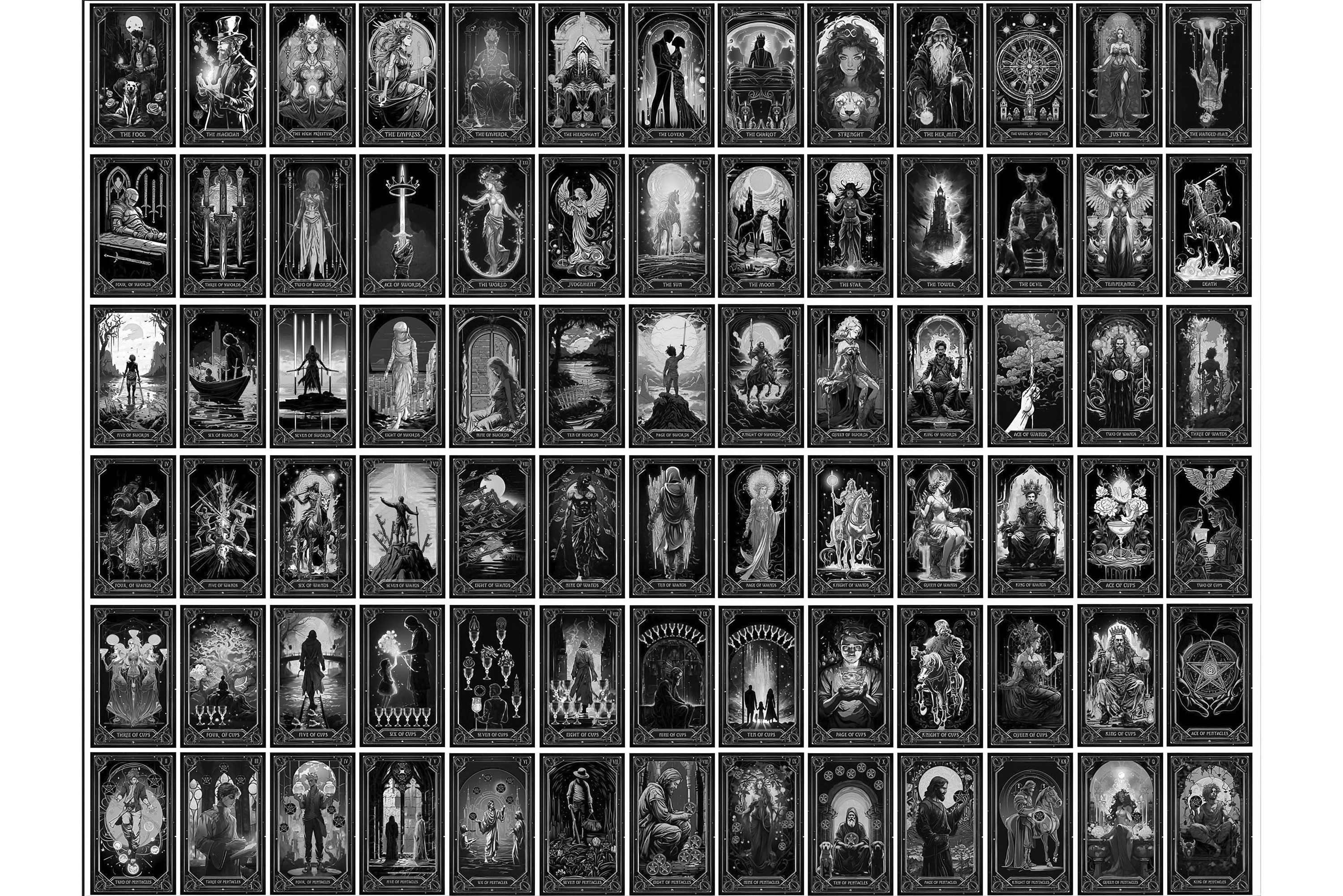 Complete Tarot Card Set Inspired Rider Waite Smith Tarot Card Deck B&W ...