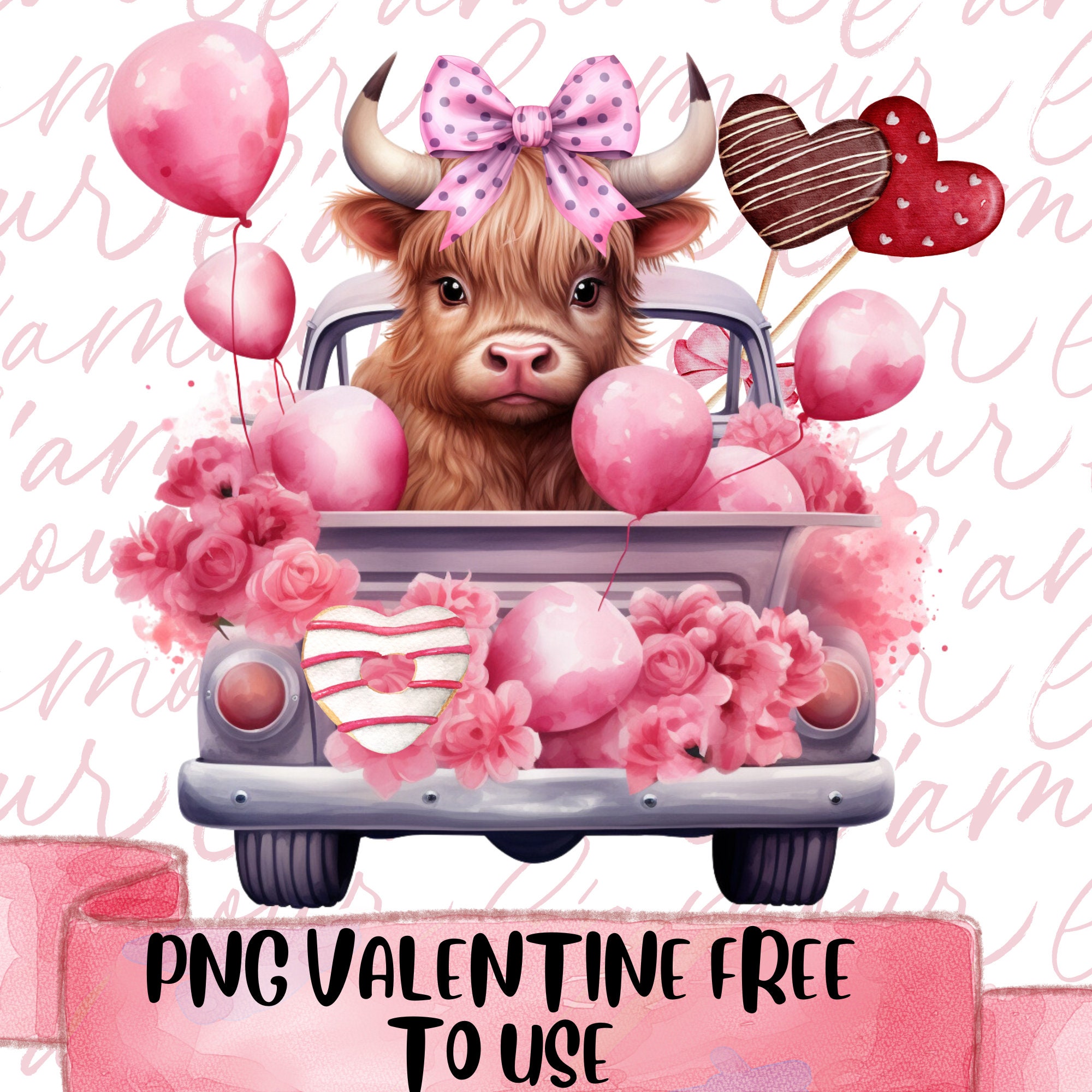 Valentine Highland Cow Truck Pink Png Sublimation Design Love Heart ...