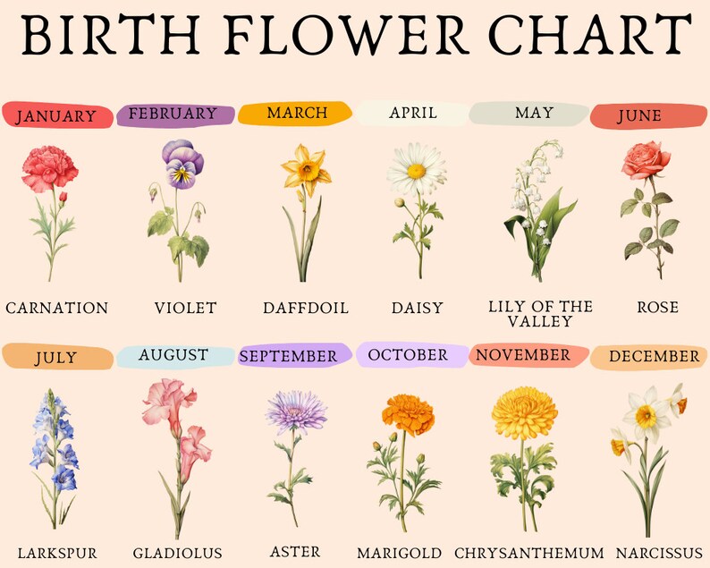 Birth Flower Bouquet, Birth Flower Art Custom, Birth Flower Name, Birth ...