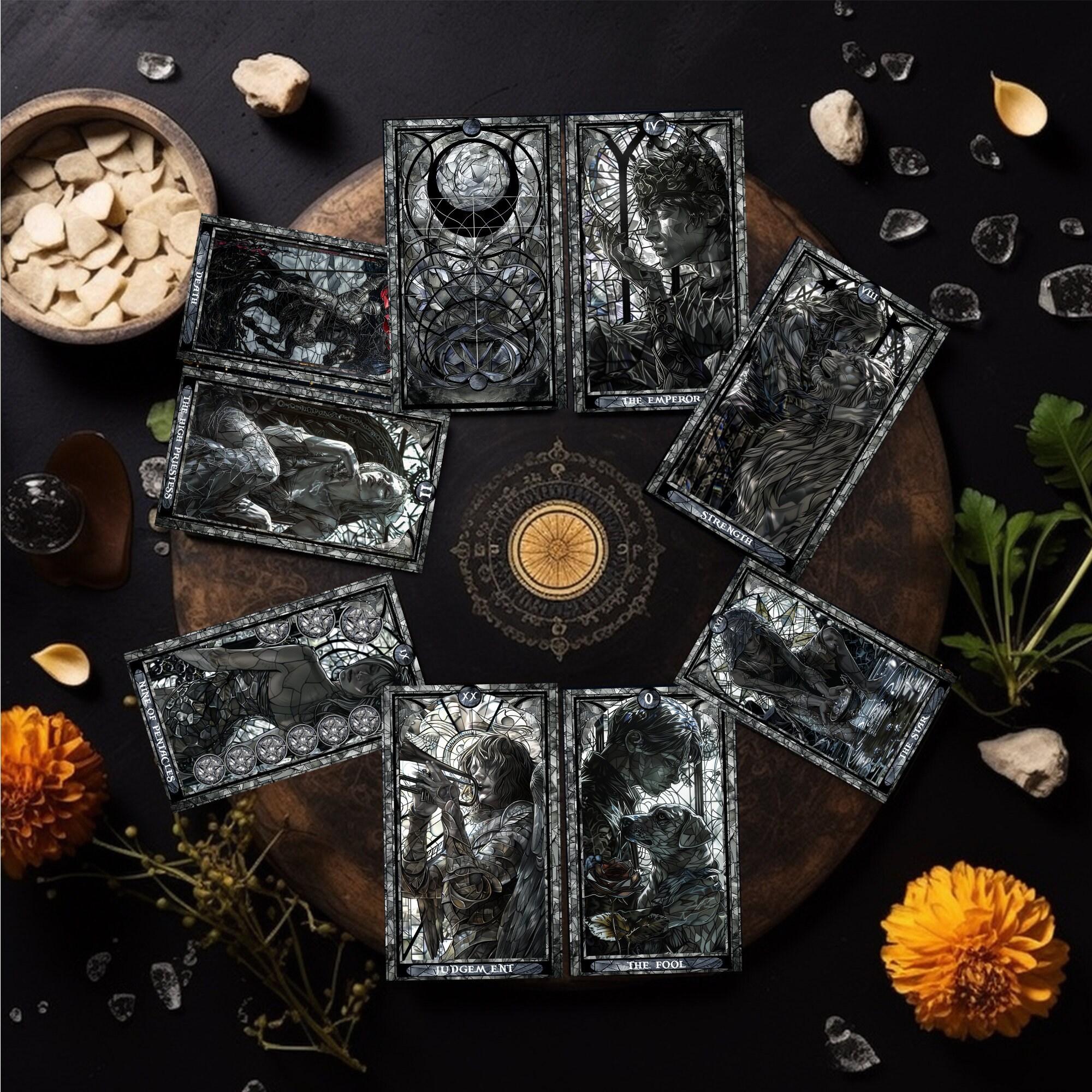 Complete Tarot Carding Stained Glass Dark Silver Set Inspired Rider ...