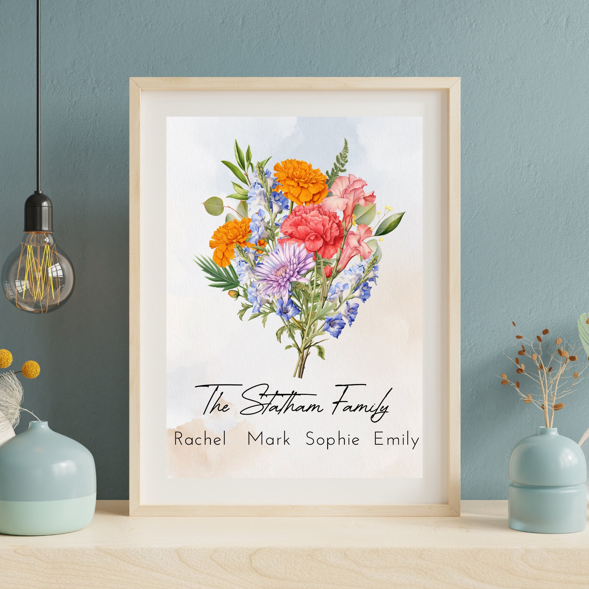 Birth Flower Family Bouquet, Birth Month Flower Art Custom, Birth ...