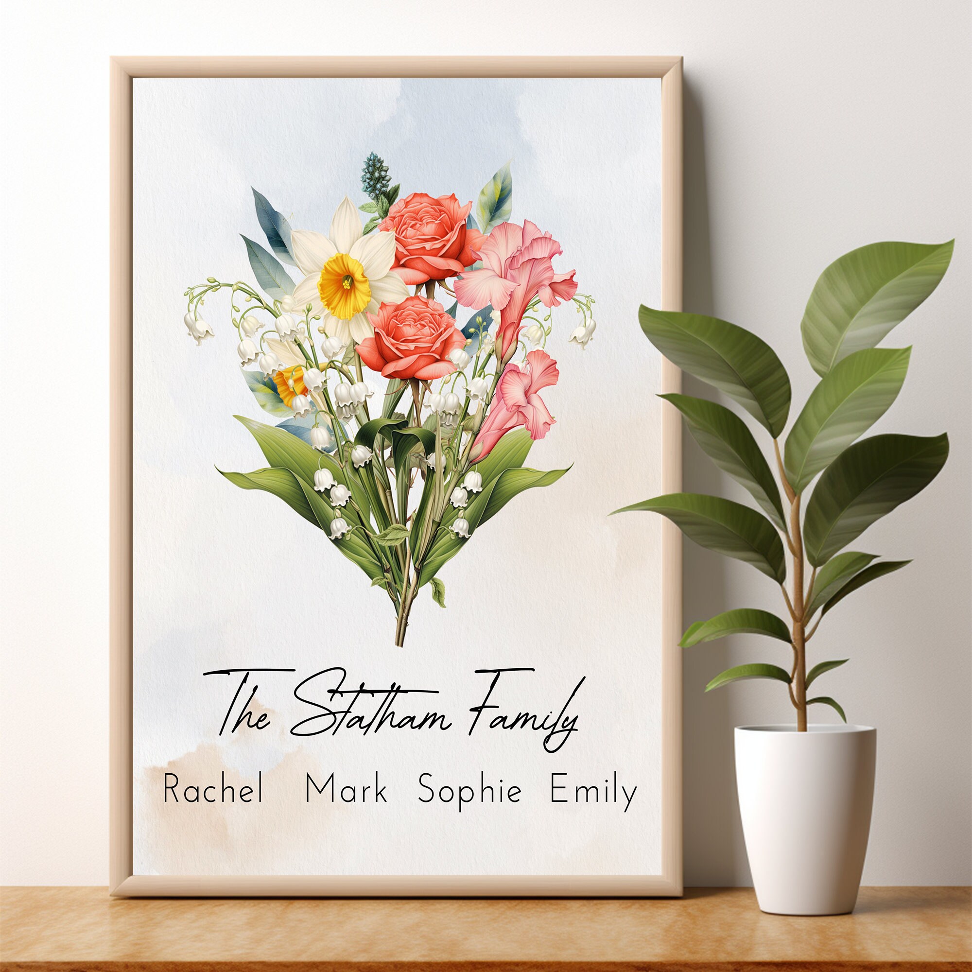 Birth Flower Family Bouquet, Birth Month Flower Art Custom, Birth ...