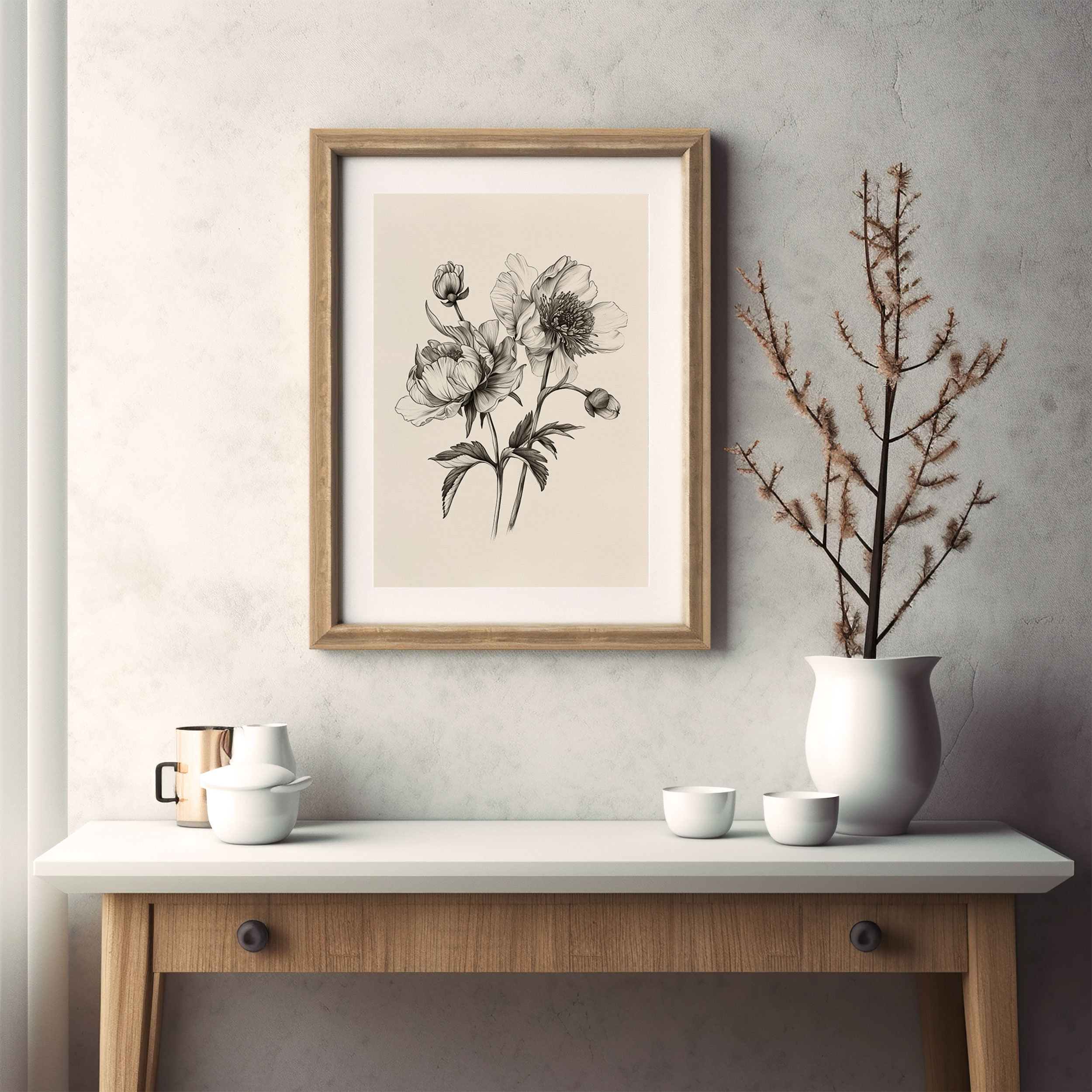 Botanical Drawing Digital Download Printable Floral Wall Art Peony ...
