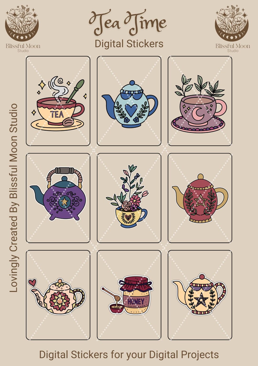 Tea Time Digital Stickers Set | Cute Teapots, Cups, and Honey Designs ...