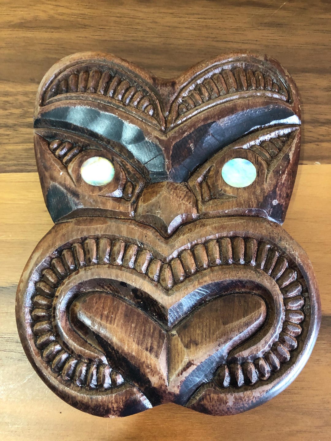 New Zealand Hand Carved Māori Moko Mask Likely a Wheku With Paula Shell ...