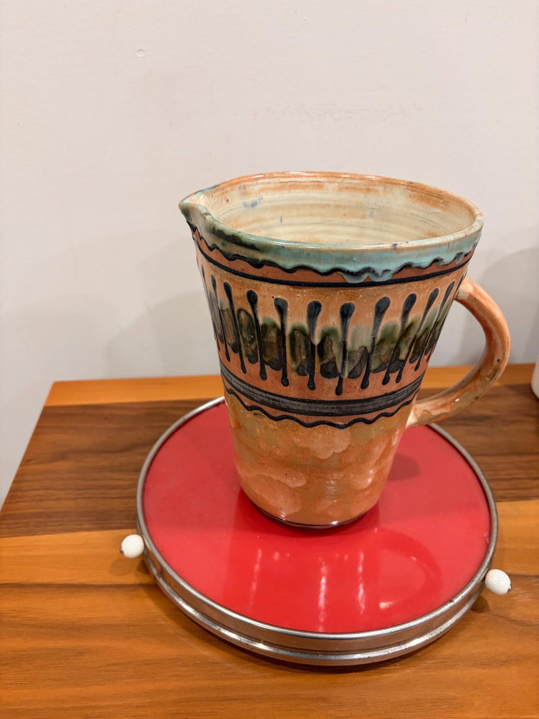 Antique French Country Redware Jaspe Pottery Pitcher in Yellow Aqua ...