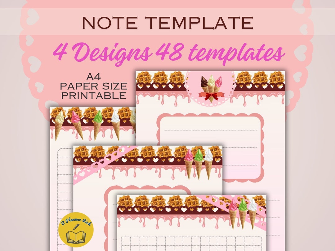 Cute Ice-cream Note, Cute Dessert Digital Template, Cute Digital Paper ...