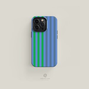Two Tone Blue & Green Striped Tough Phone Case | iPhone 16 15 14 13 12 ...