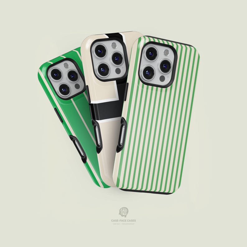 Classic Striped Green & Beige Tough iPhone Case | iPhone 16 15 14 13 12 ...