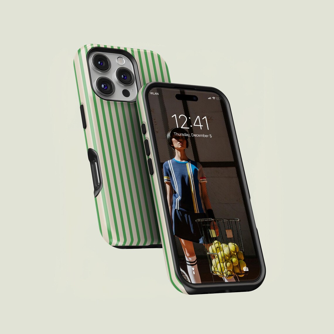 Classic Striped Green & Beige Tough iPhone Case | iPhone 16 15 14 13 12 ...