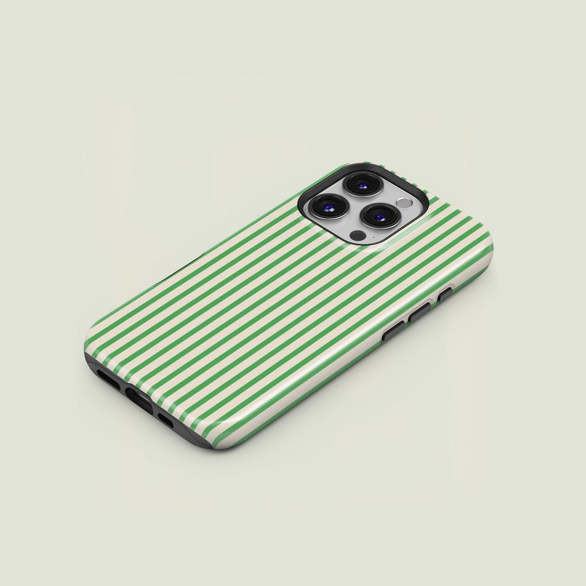 Classic Striped Green & Beige Tough iPhone Case | iPhone 16 15 14 13 12 ...